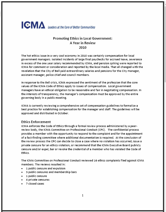 ICMA Ethics Annual Report 2010 | icma.org